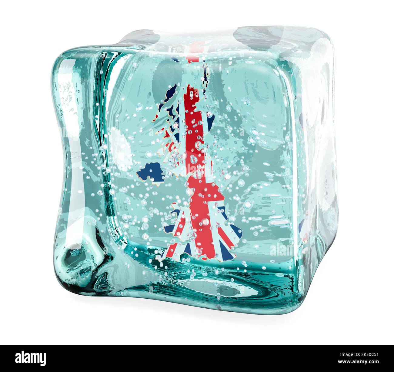 British map frozen in ice cube, 3D rendering isolated on white ...