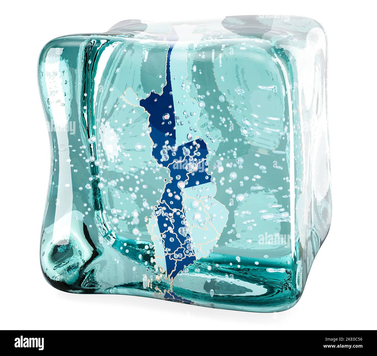 Finnish map frozen in ice cube, 3D rendering isolated on white ...