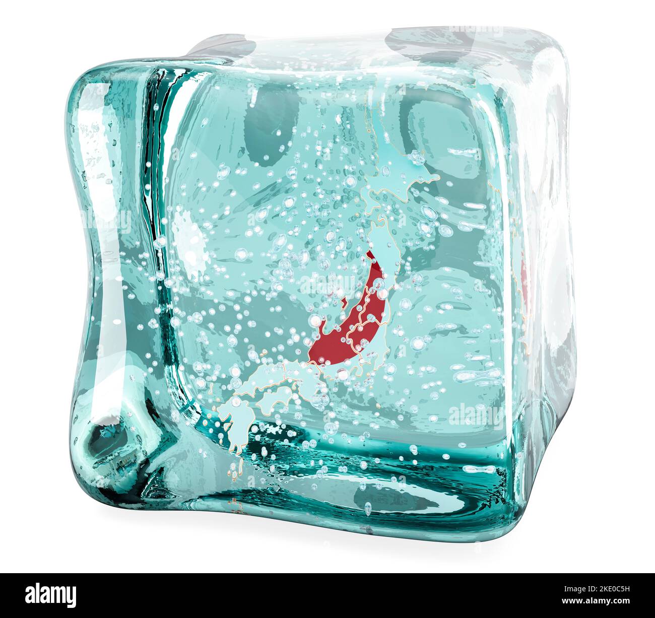 Japanese map frozen in ice cube, 3D rendering isolated on white ...