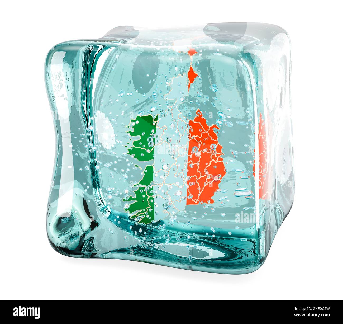 Irish map frozen in ice cube, 3D rendering isolated on white background ...