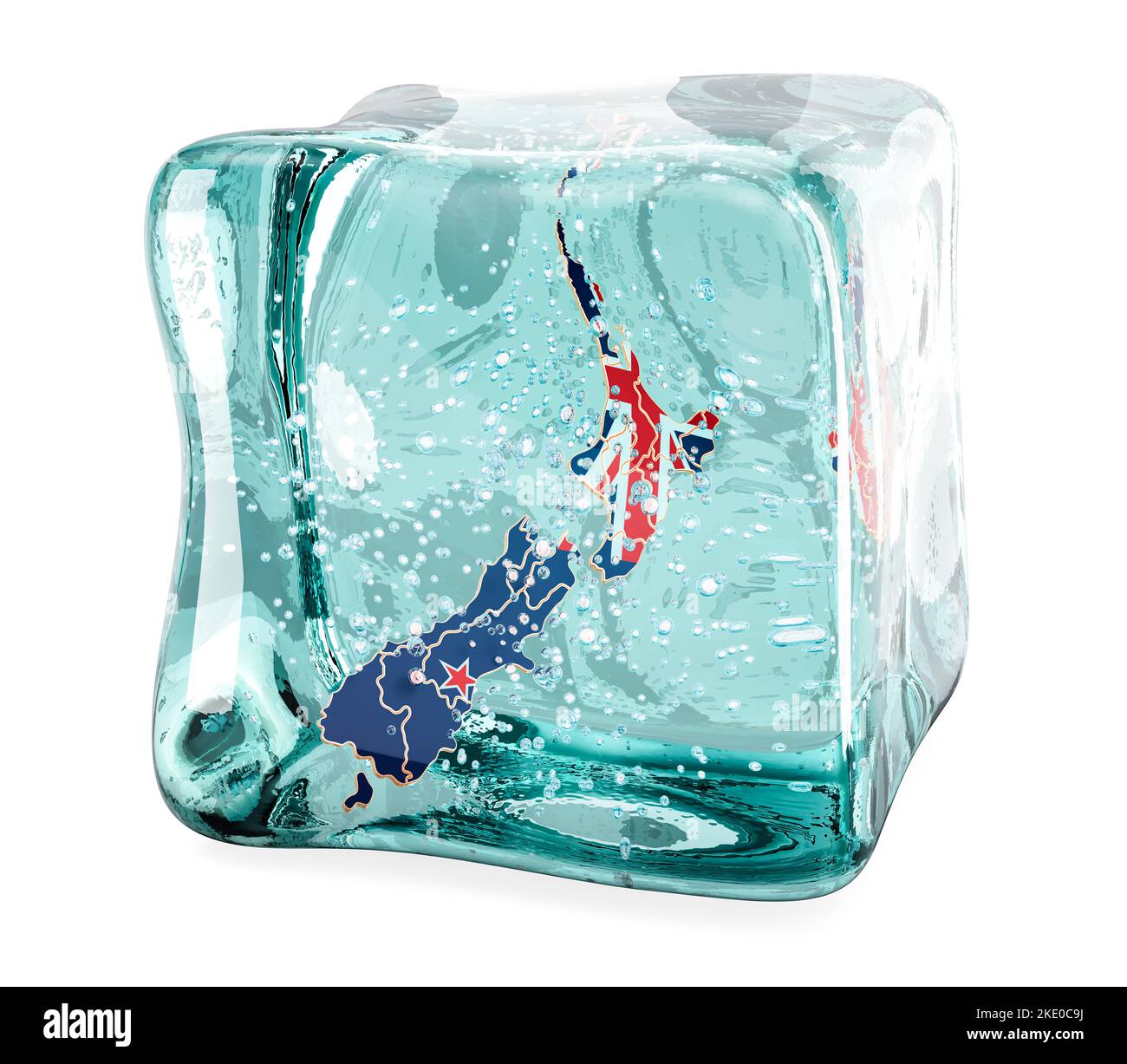 New Zealand map frozen in ice cube, 3D rendering isolated on white ...