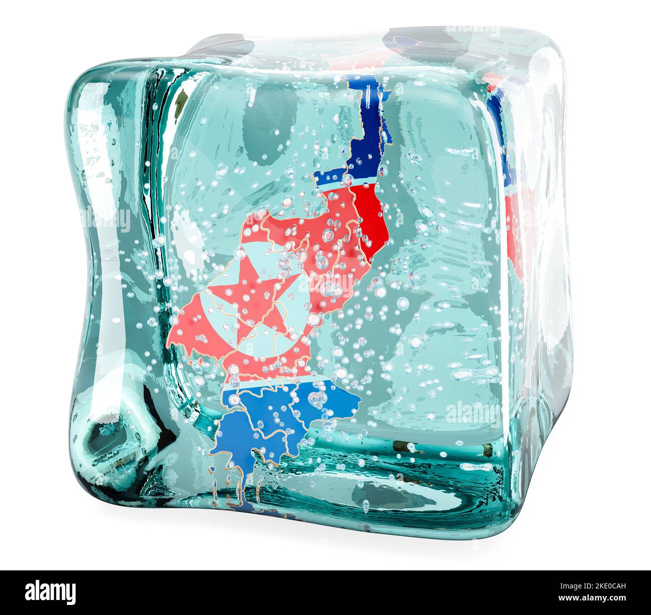 North Korean map frozen in ice cube, 3D rendering isolated on white ...