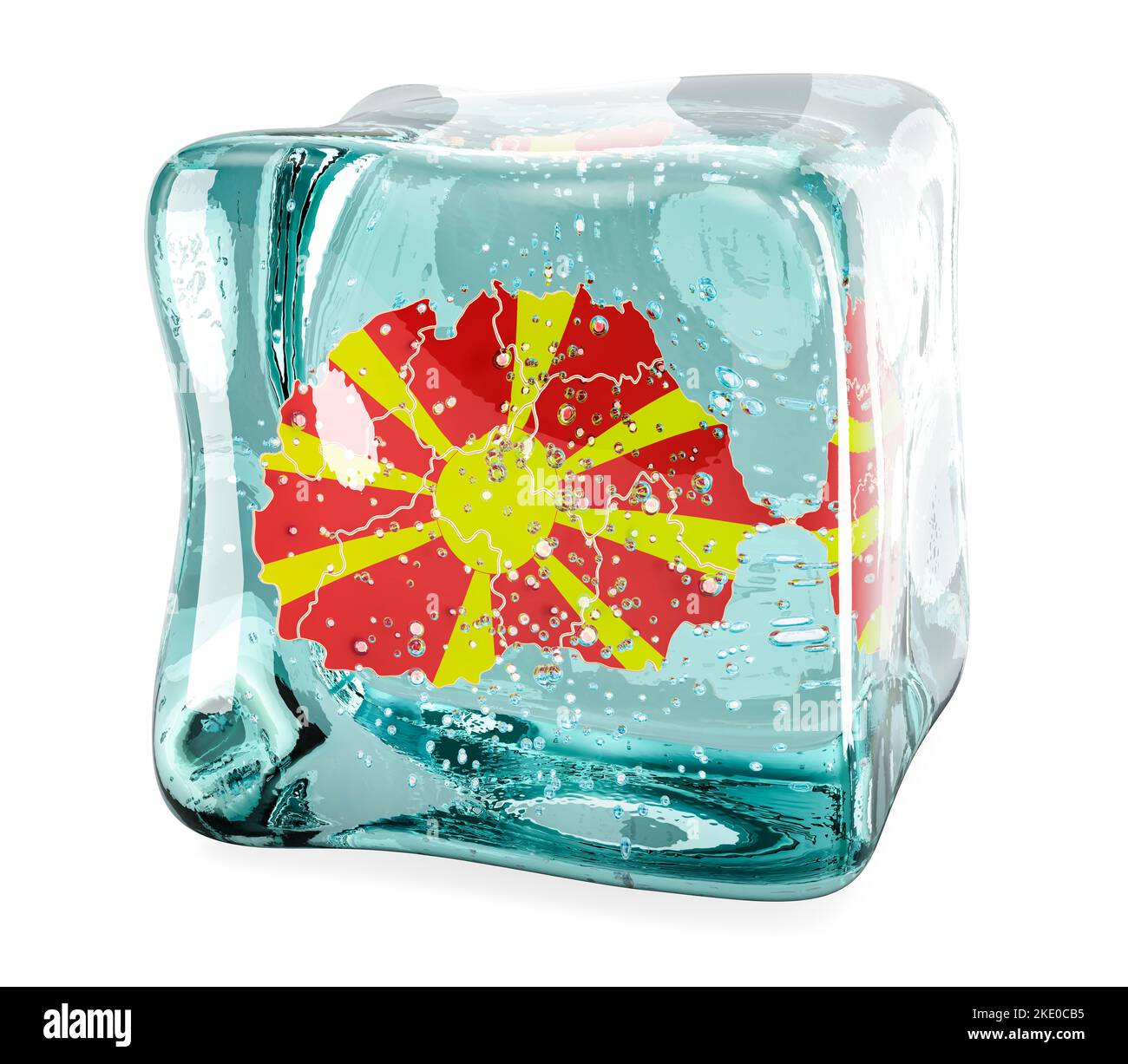 North Macedonian map frozen in ice cube, 3D rendering isolated on white ...