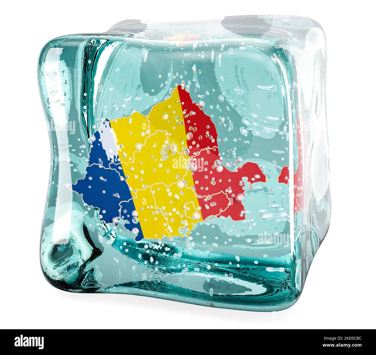 Romanian map frozen in ice cube, 3D rendering isolated on white ...