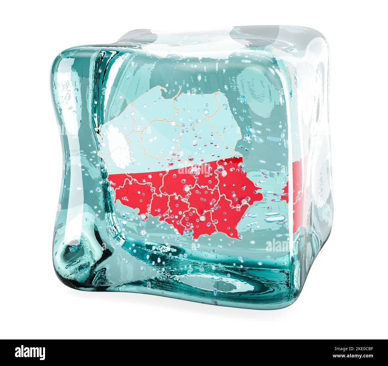 Polish map frozen in ice cube, 3D rendering isolated on white ...