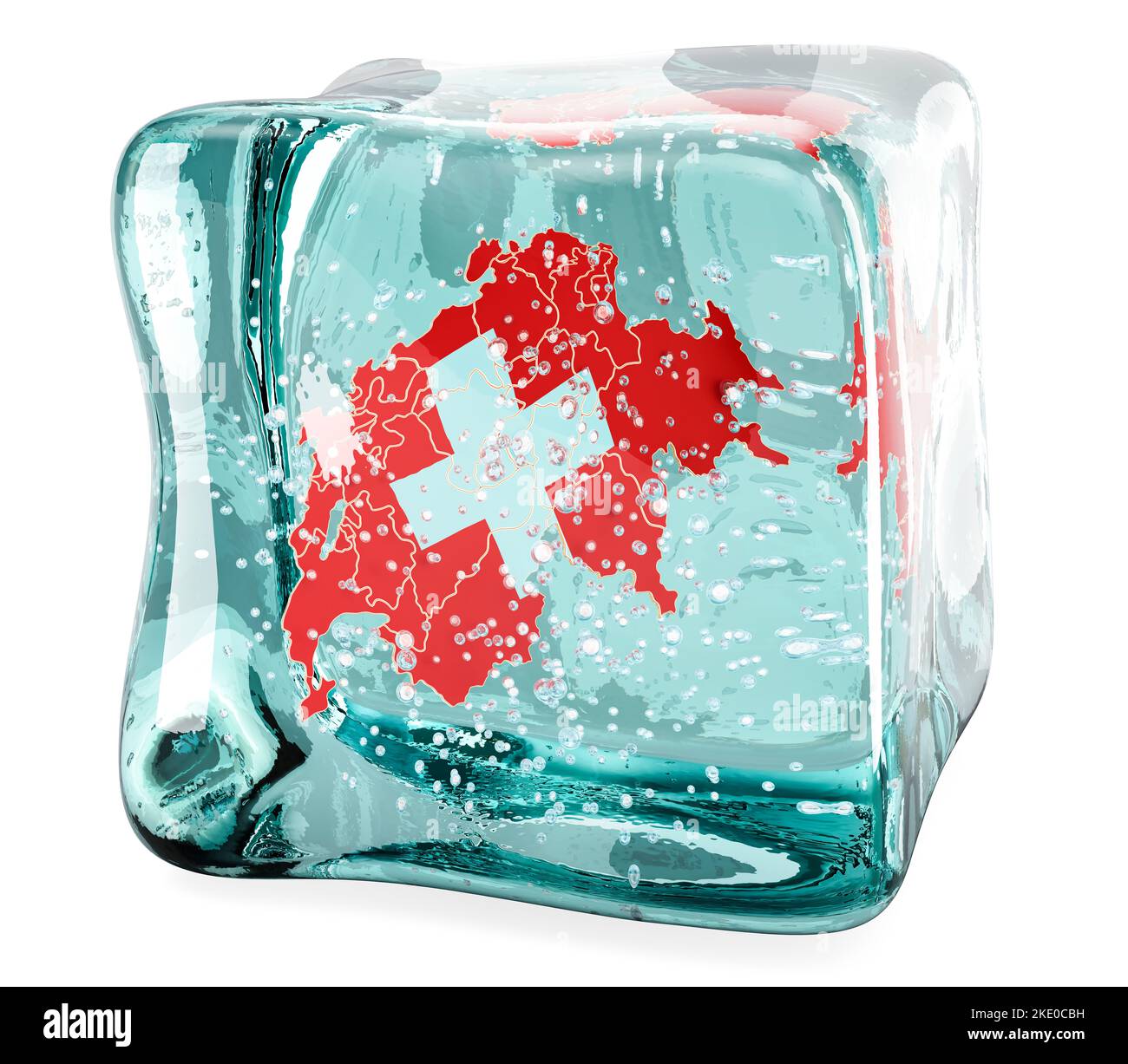 Swiss map frozen in ice cube, 3D rendering isolated on white background ...