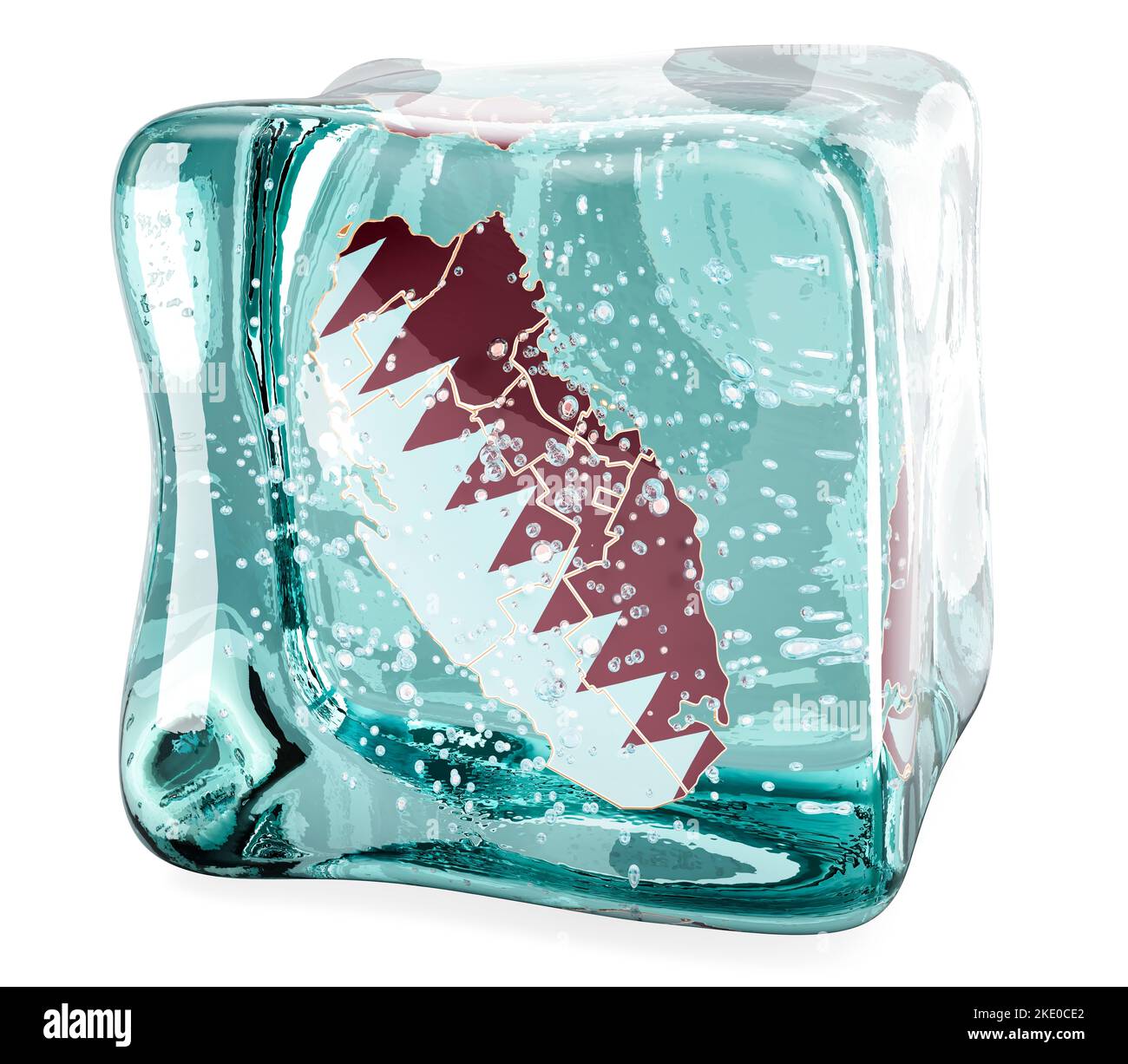 Qatari map frozen in ice cube, 3D rendering isolated on white ...