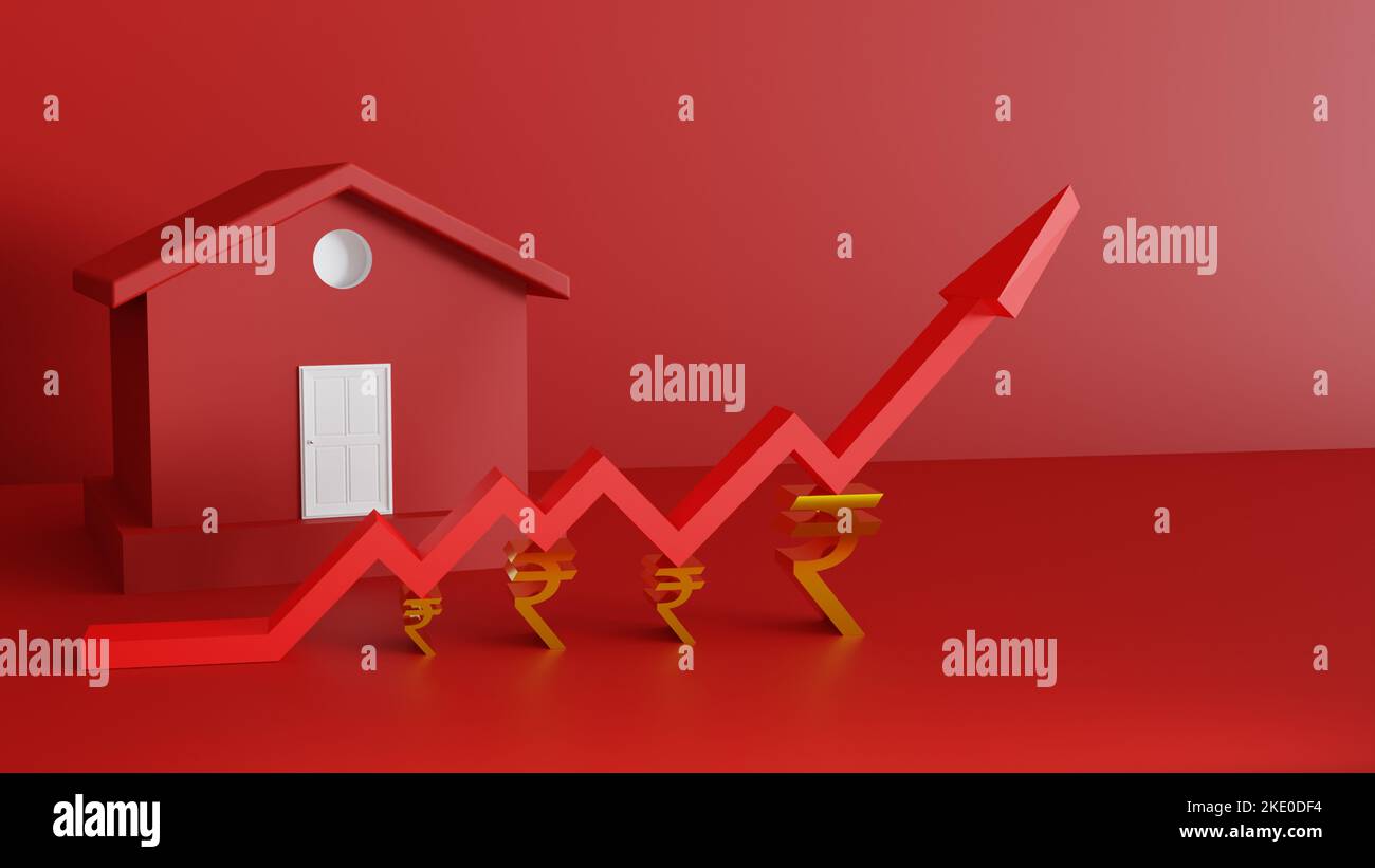 red house with red arrow concept design for inflation in housing ...