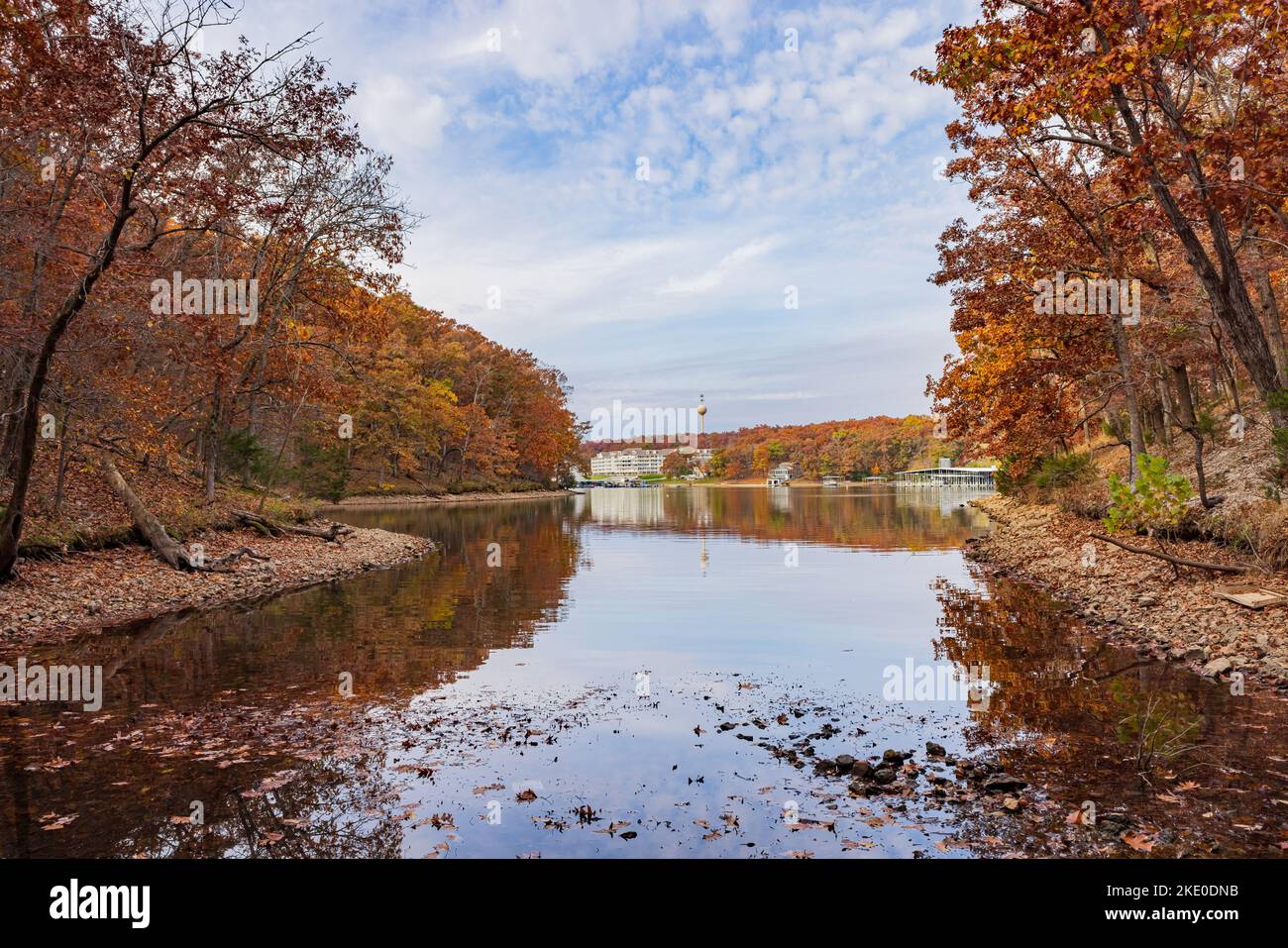Overcast view of the fall color of a hiking trail in Lake of the Ozarks ...