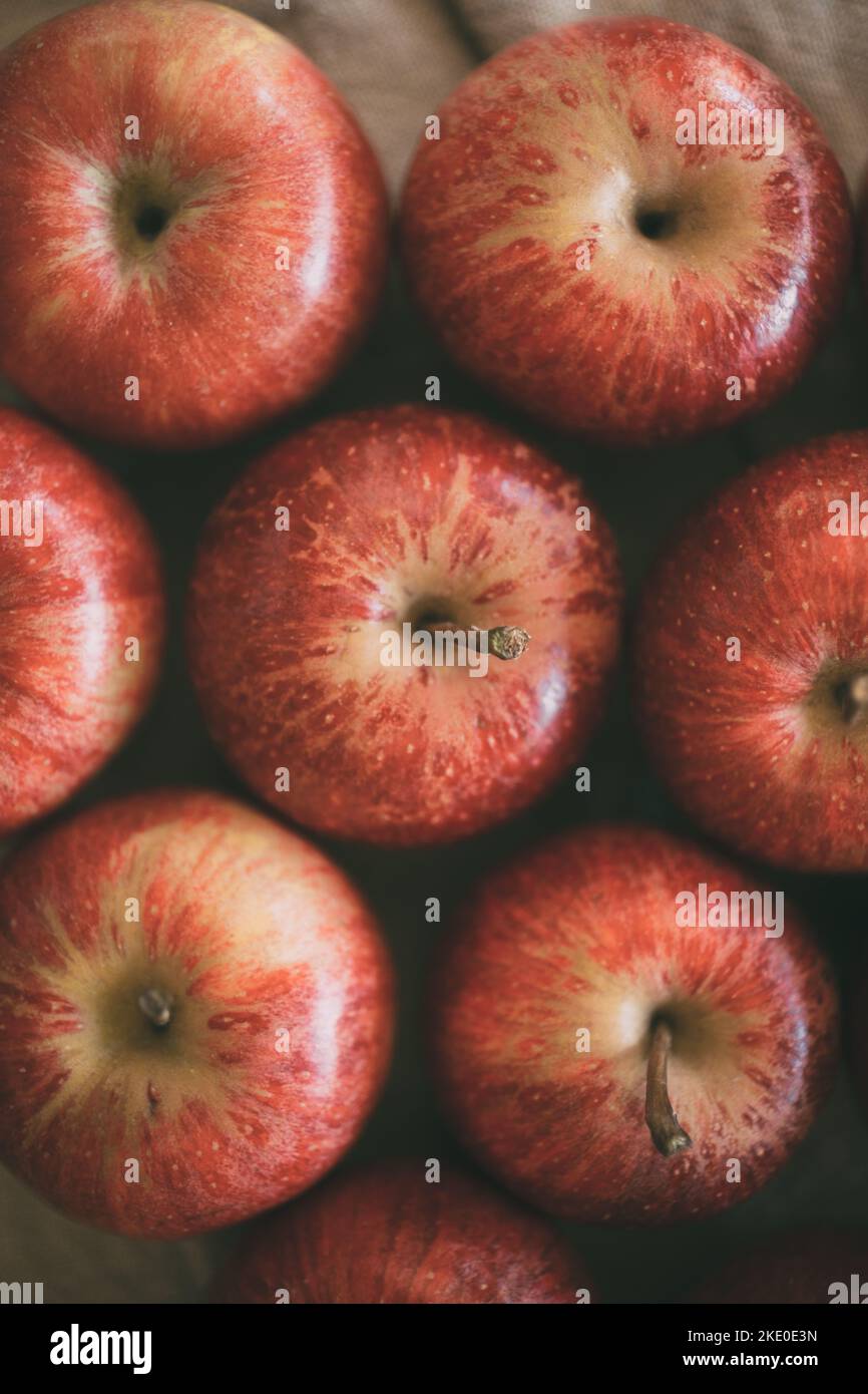 Ripe red apples as background, close up view of fresh and juicy apples ...