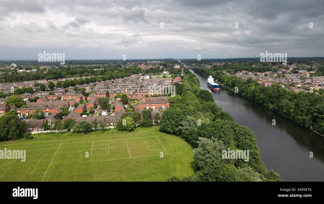 An aerial view of the Misje Bulk ship traveling down the Manchester ...