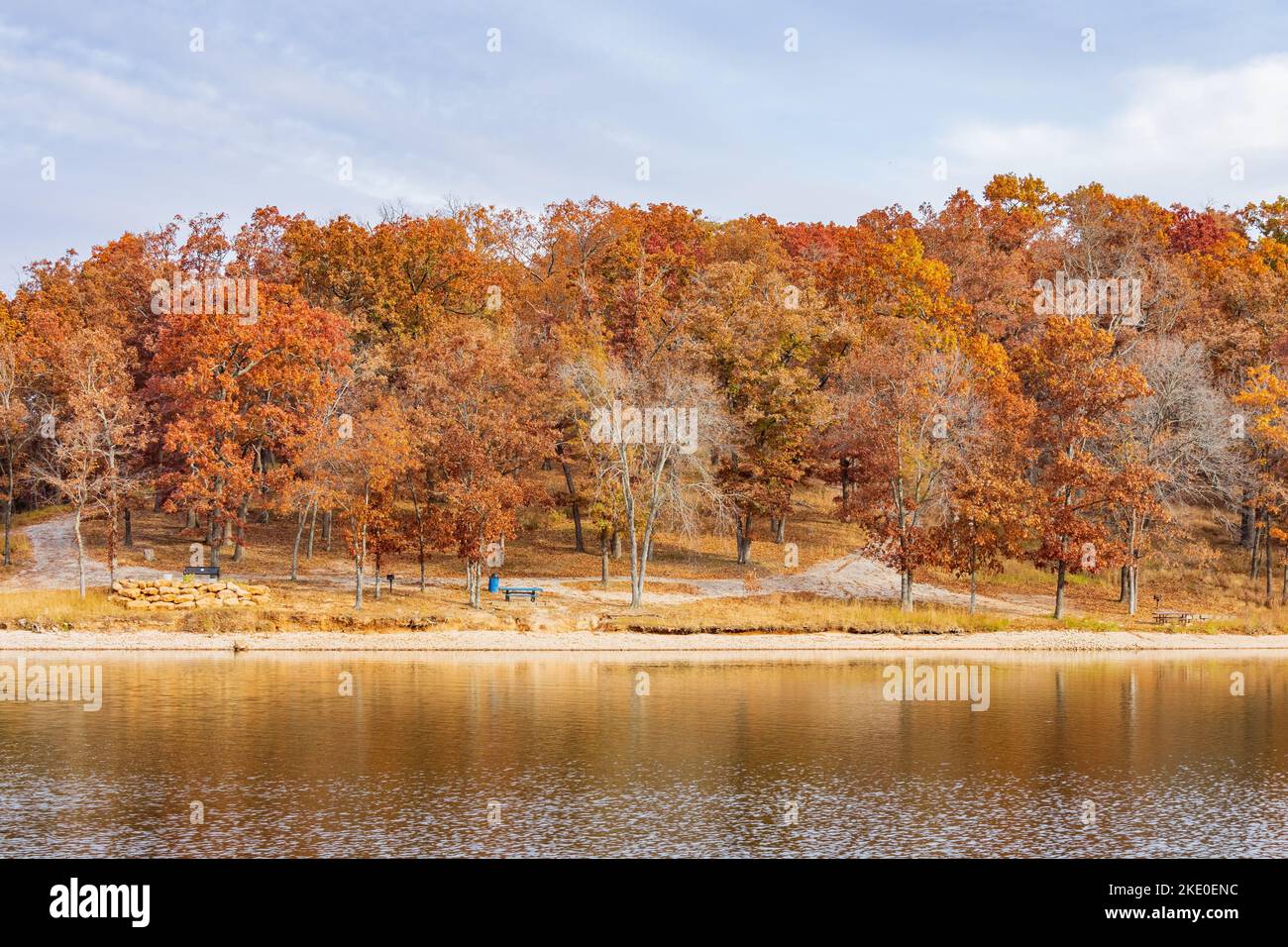 Overcast view of the fall color of a hiking trail in Lake of the Ozarks ...
