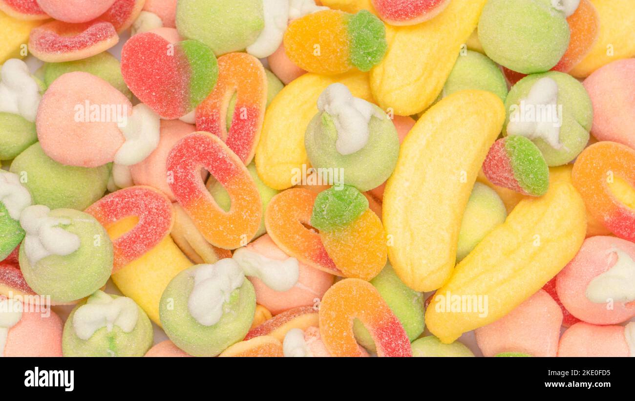 Mix of jelly colorful candys and marshmallows as a background Stock ...