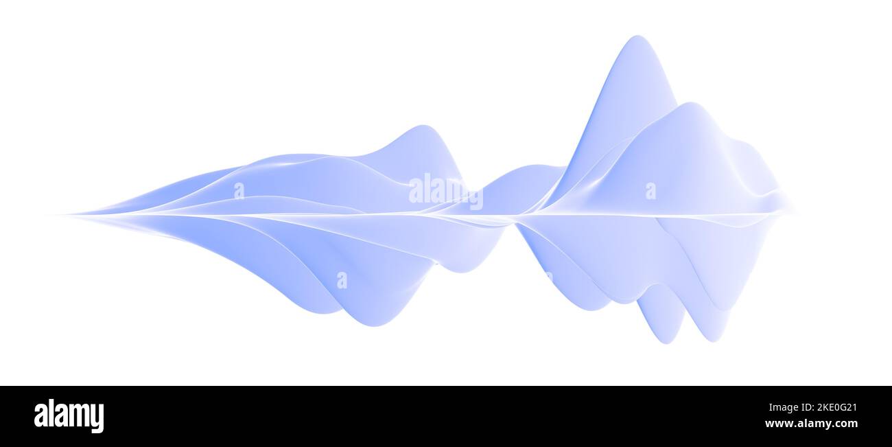 Blue abstract floating curvy 3D waveform object or sound waves on white ...