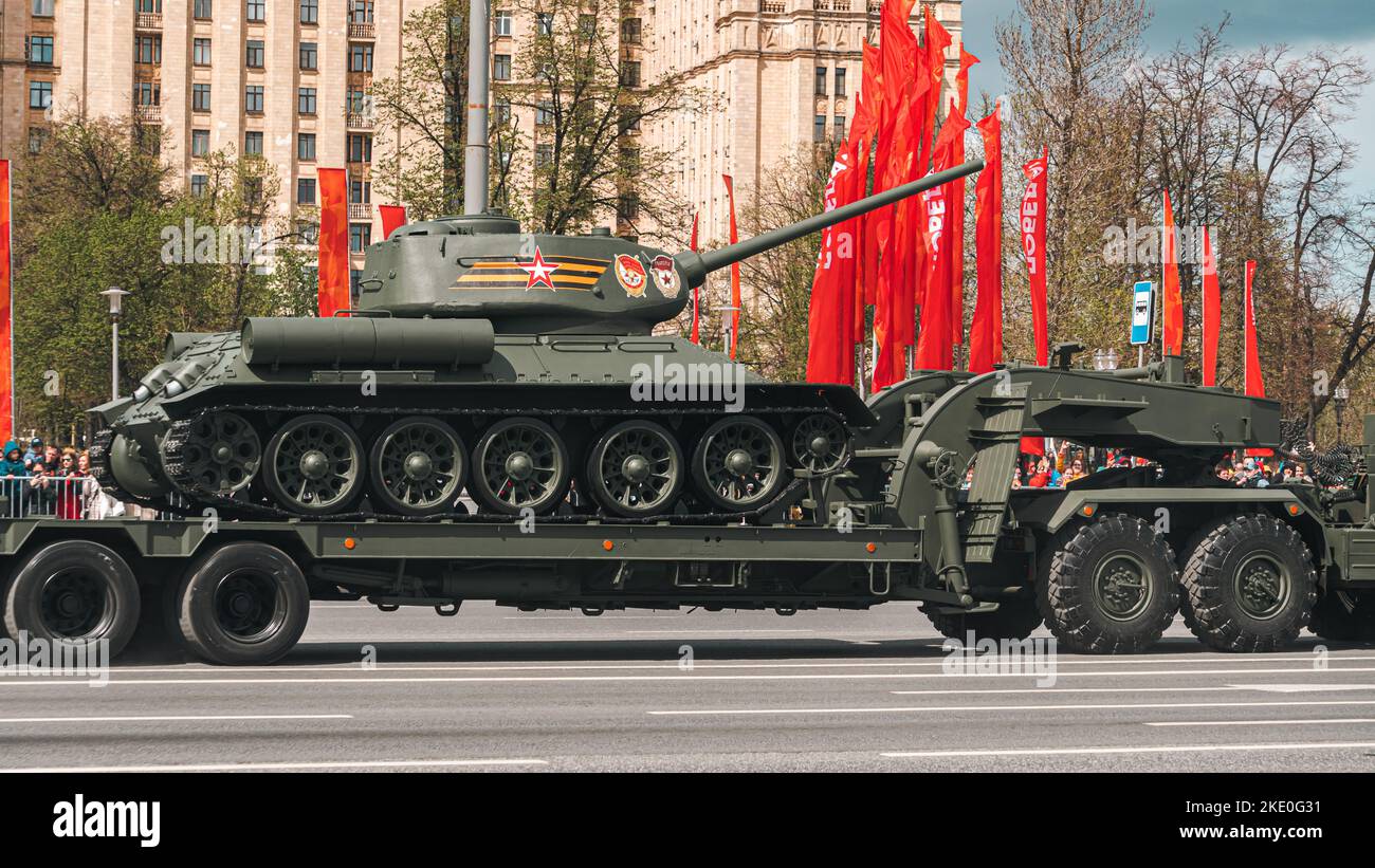 The Legendary T-34 T of the Russian Army on the streets of Moscow, during the 2022 victory ...