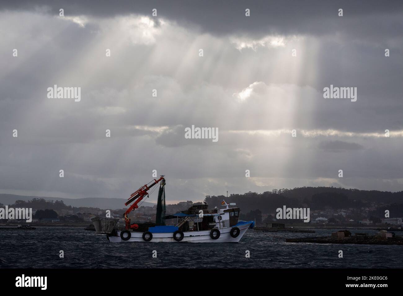 Traditional wooden fishing boat working in the mussel farming rafts of ...