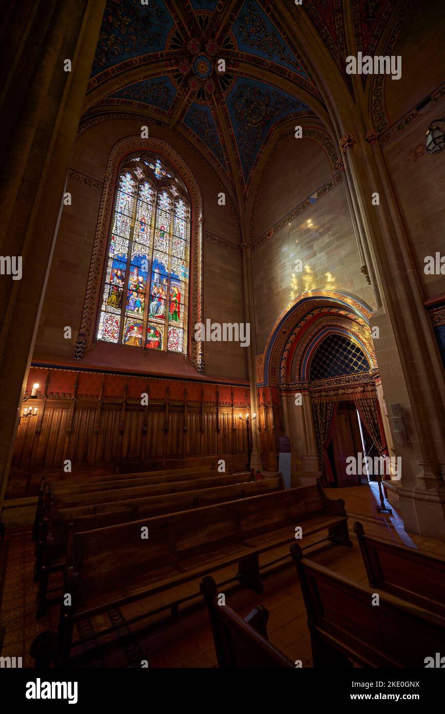 A vertical shot of the interior of the Lauterbrunnen church with a ...