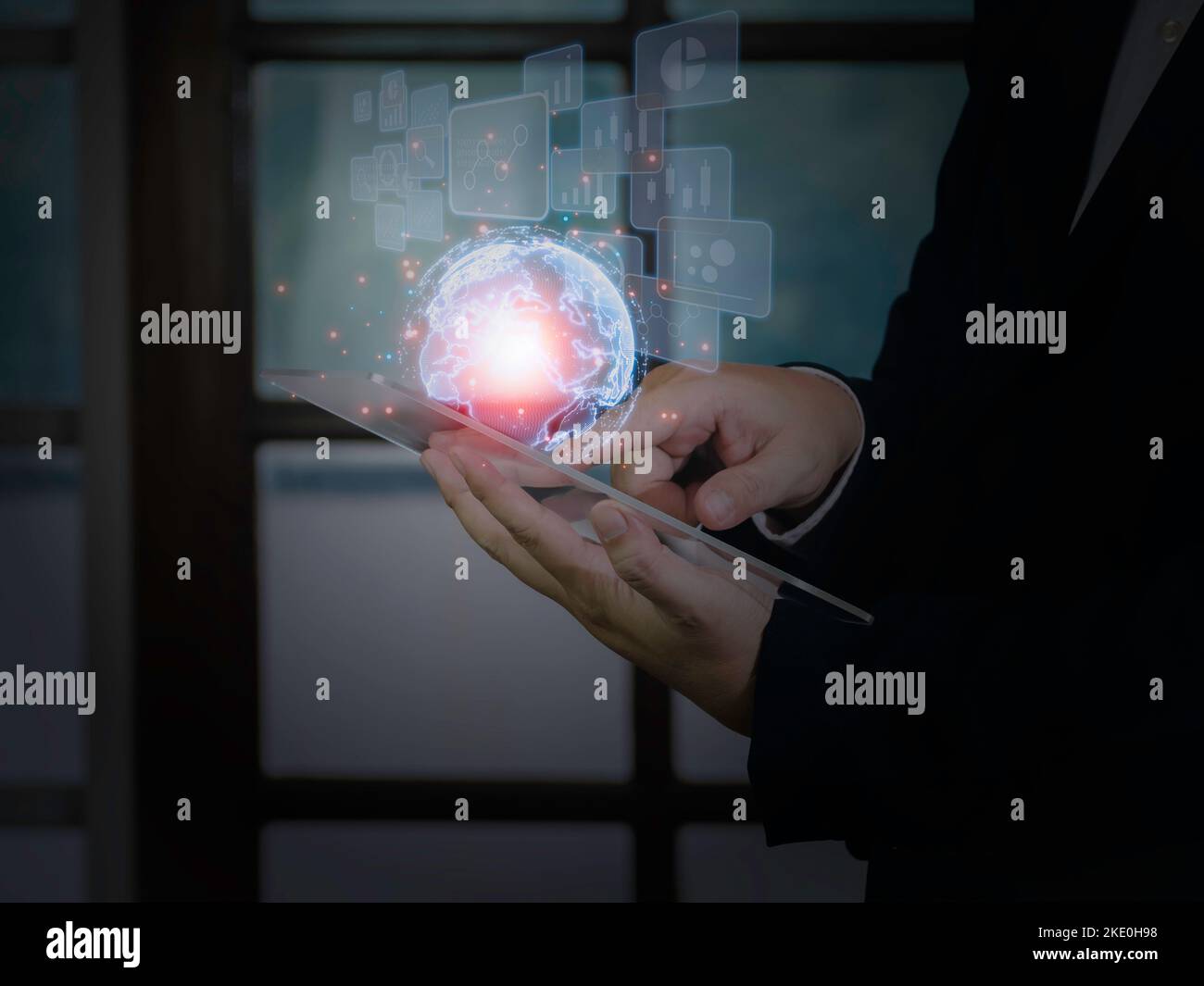 Businessman press on digital screen interface big data analytics and ...