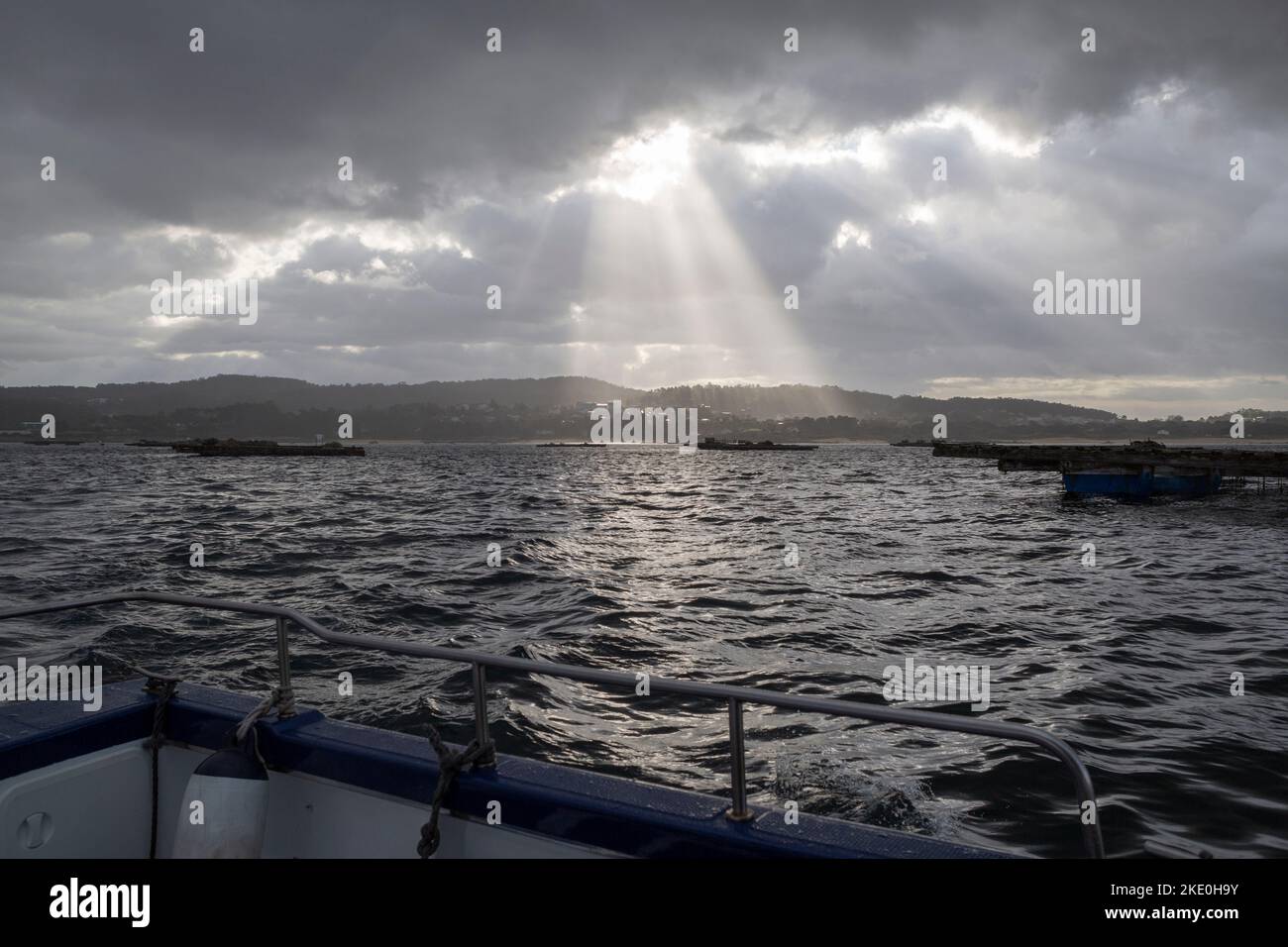 Fishing boat sailing through a polygon of rafts in the Arousa estuary ...