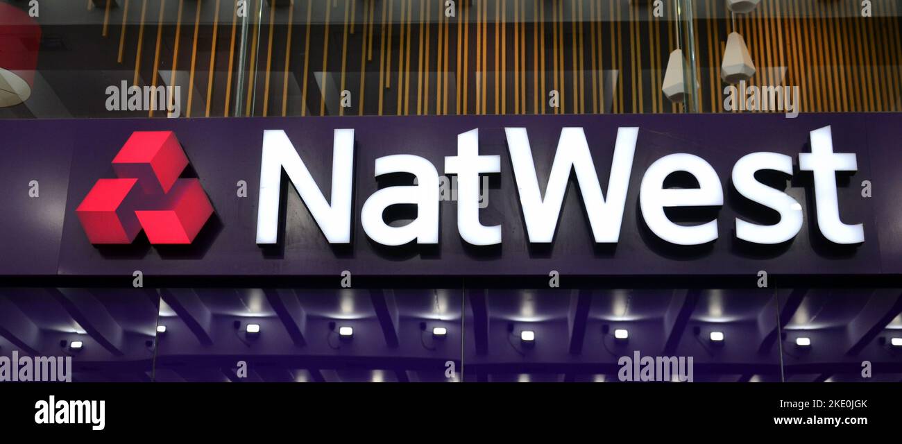 Exterior sign of Natwest Bank on Market Street in central Manchester ...