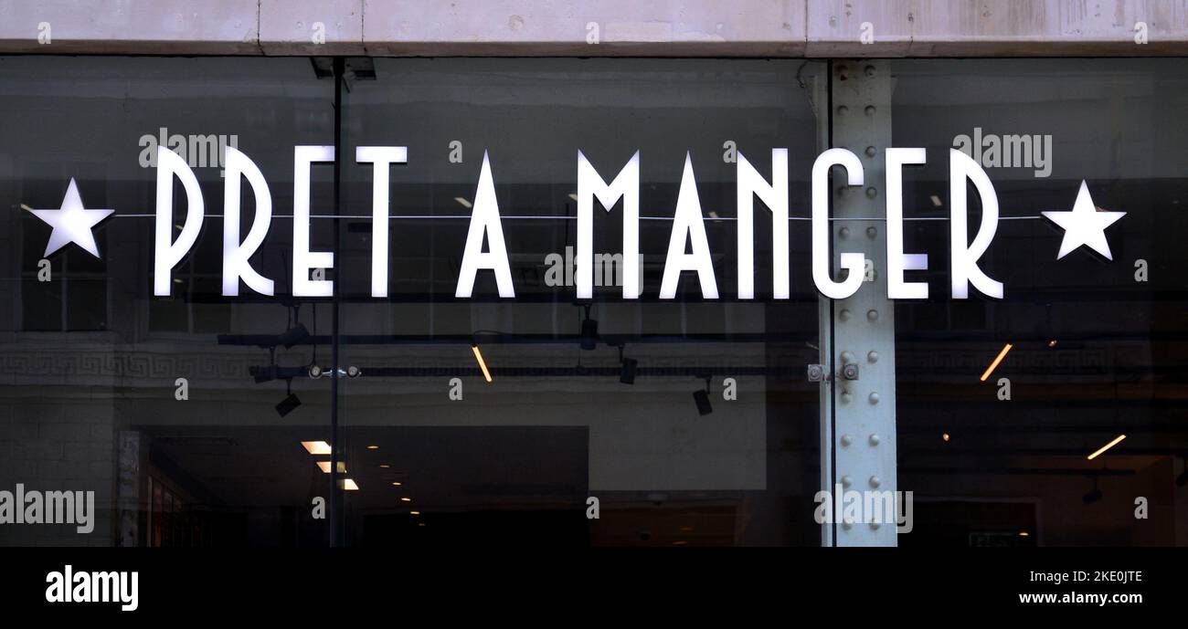 Exterior sign of a Pret a Manger shop or store in central Manchester ...