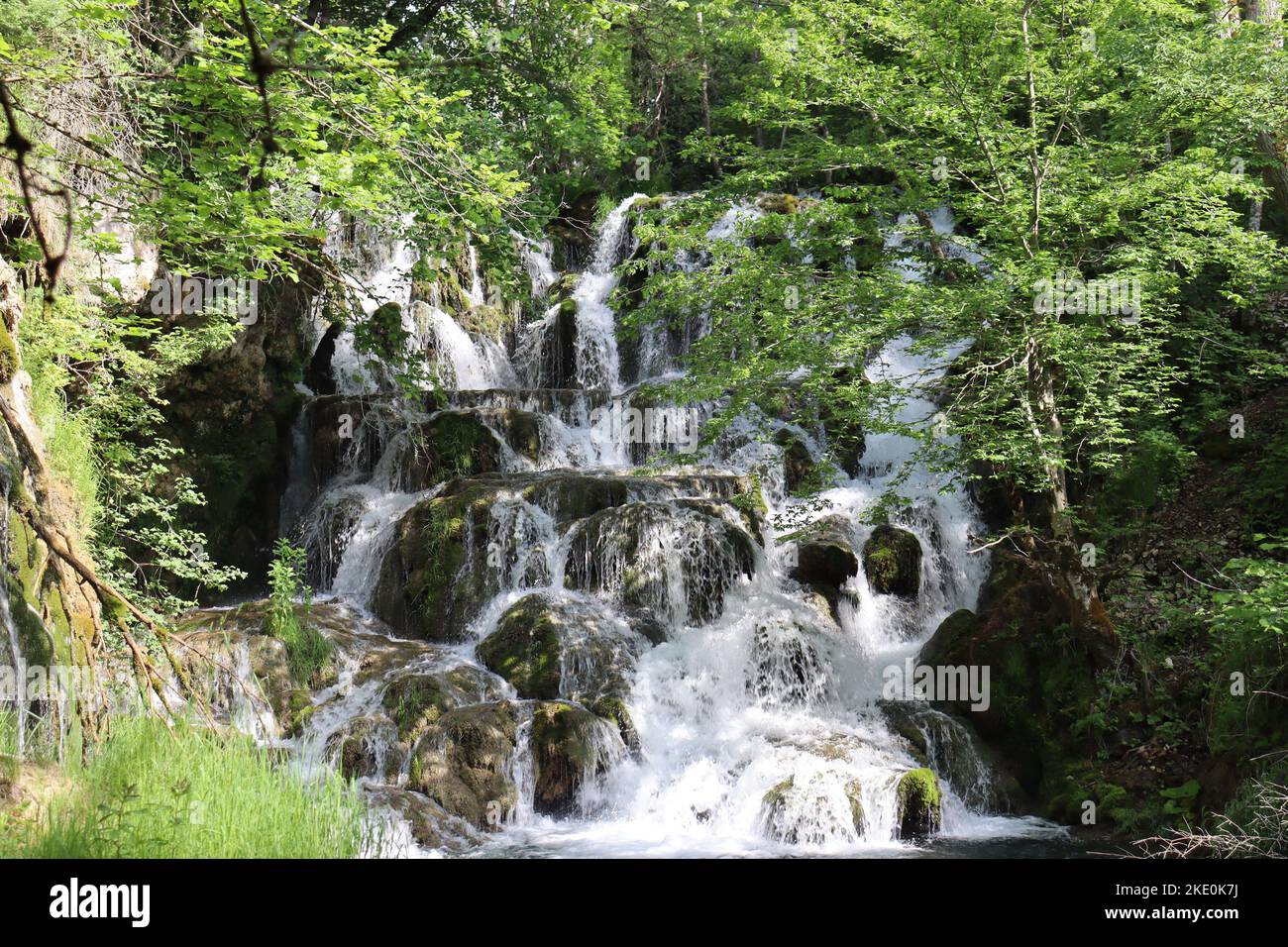 The view of water flowing down the stone cascade in the forest Stock ...