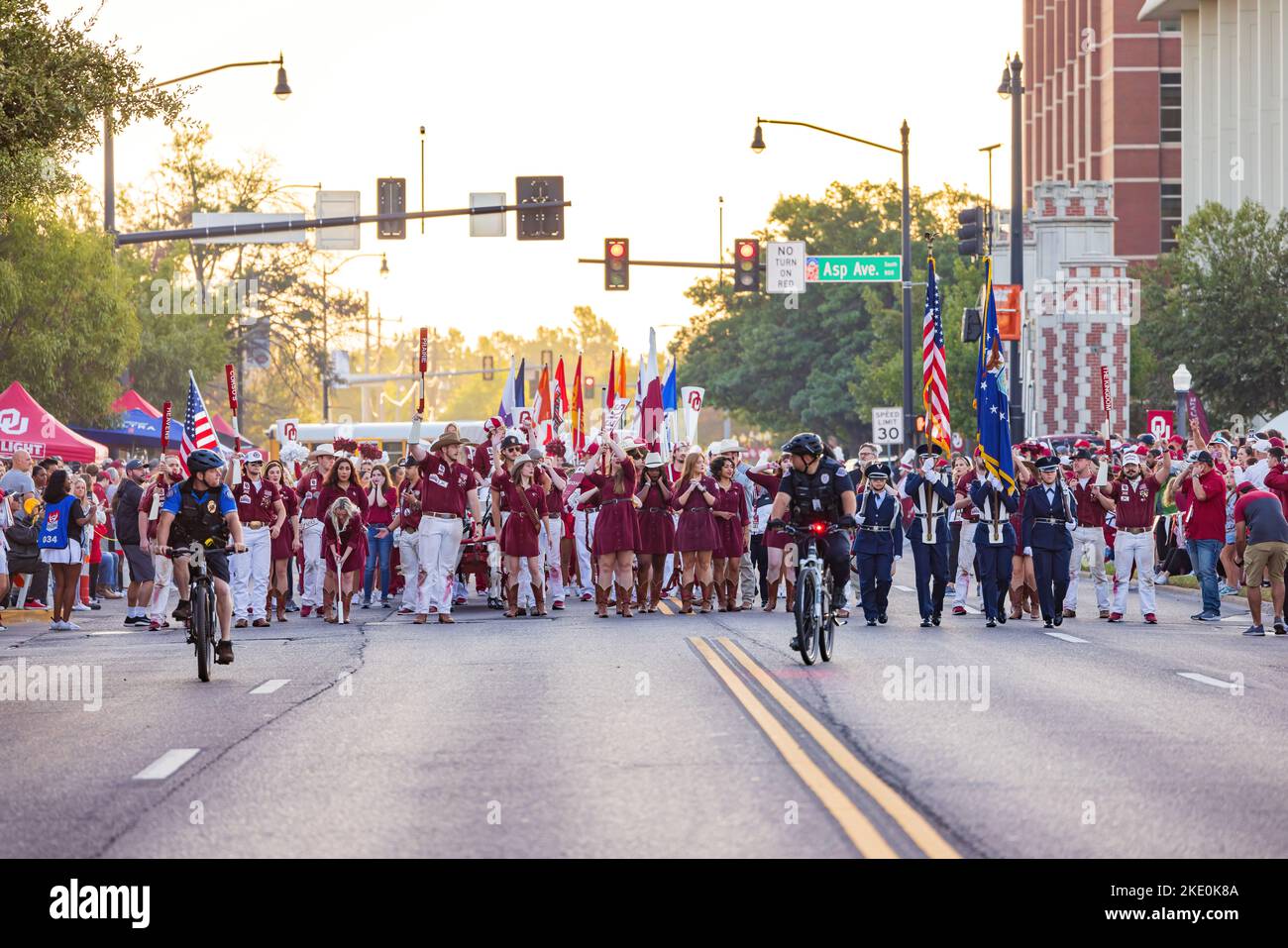 Oklahoma, OCT 15 2022 - Sunny view of the student Marching Band walking ...