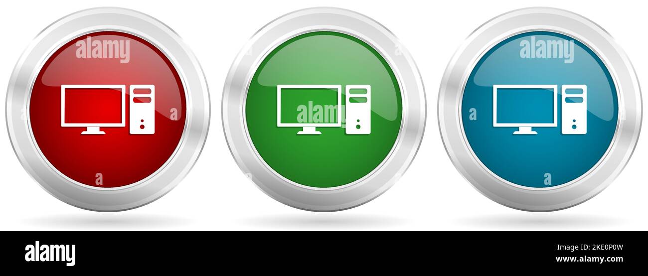 Computer, monitor, screen, pc vector icon set. Red, blue and green ...