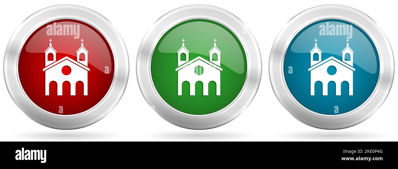 Religion, church vector icon set. Red, blue and green silver metallic ...