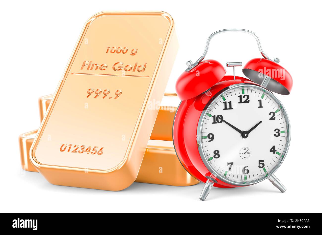 Gold ingots with alarm clock, 3D rendering isolated on white background ...