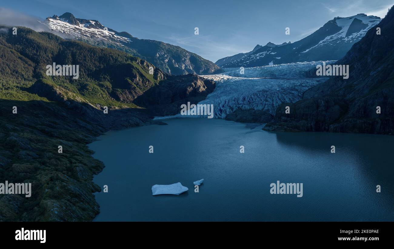 An aerial view of Mendenhall Glacier and lake in Juneau, Alaska, United ...