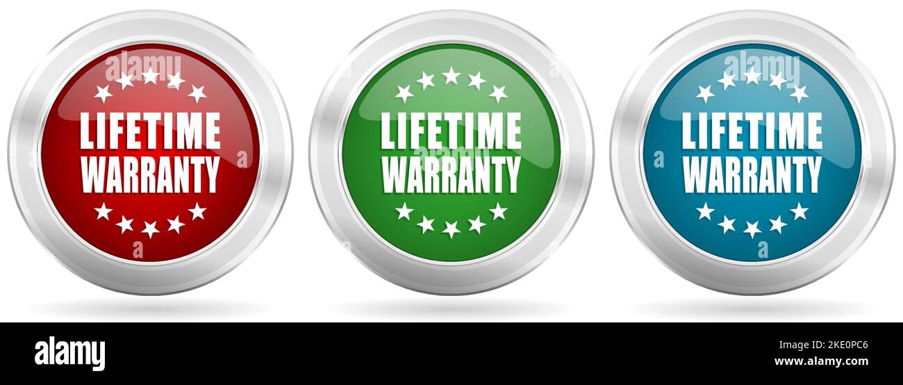 Lifetime warranty vector icon set. Red, blue and green silver metallic ...
