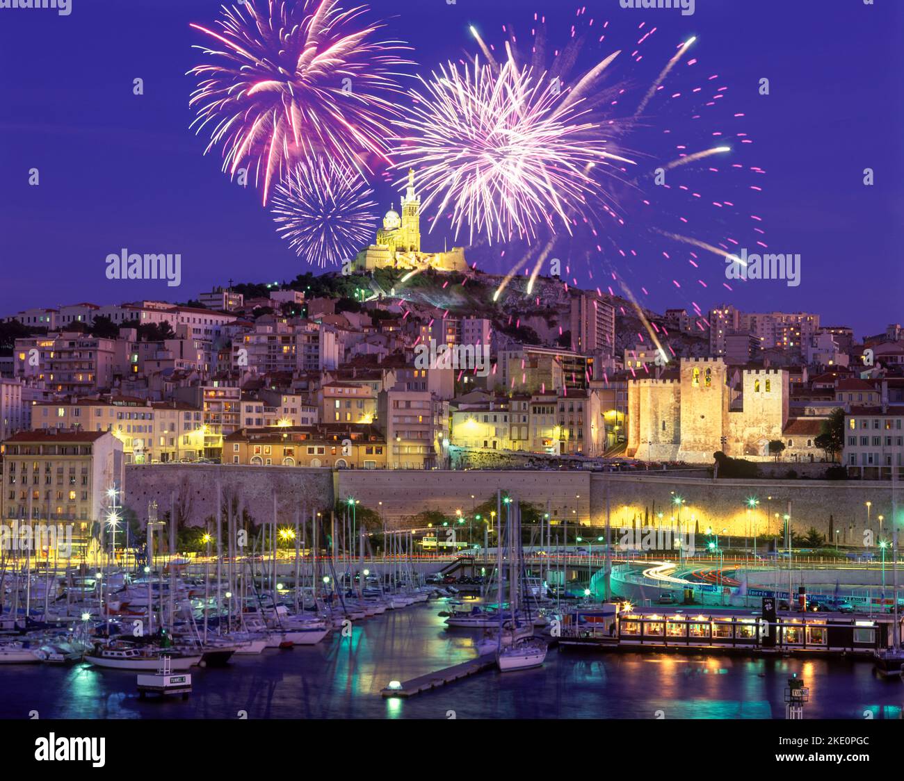 OLD PORT AND NOTRE DAME DE LA GARDE CATHEDRAL SKYLINE MARSEILLES ...