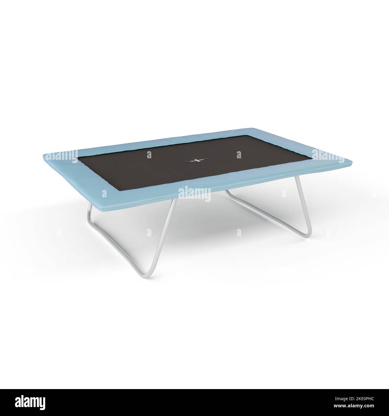 A 3D rendering of a small gymnastics trampoline with light blue edges ...