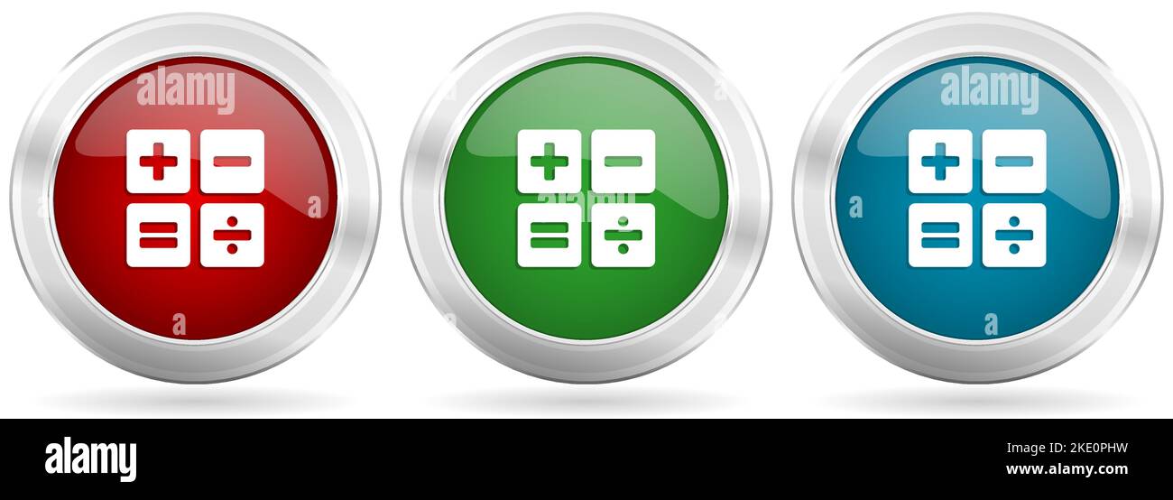 Calculator vector icon set. Red, blue and green silver metallic web ...