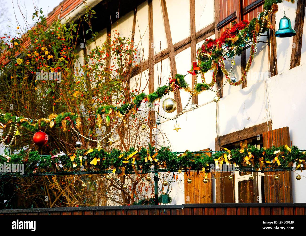 Typical rural half-timbered house decorated for Christmas. Alsace ...