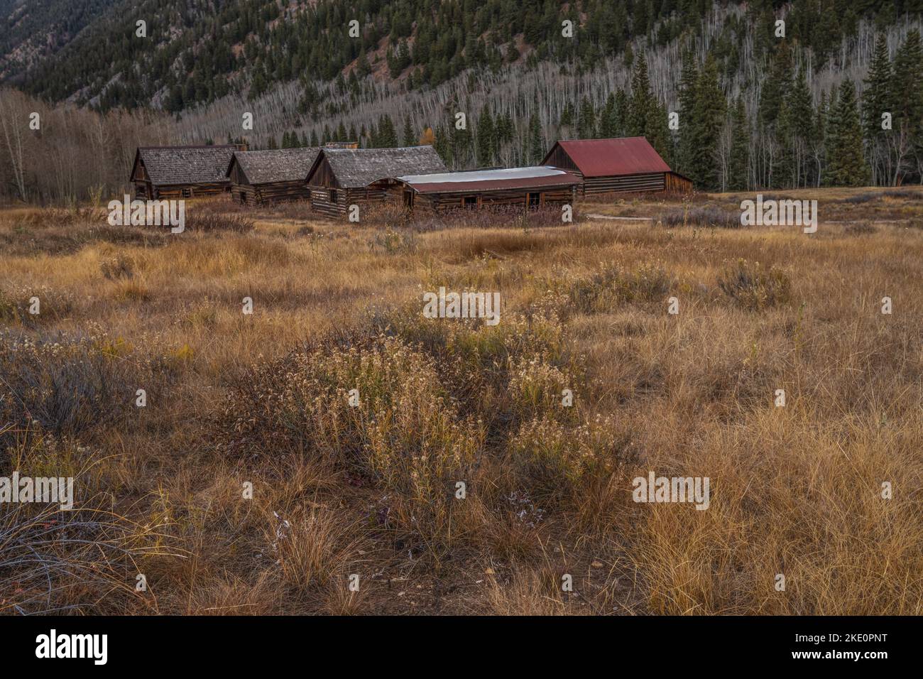 A landscape shot of old abandoned wooden houses in the field in ...