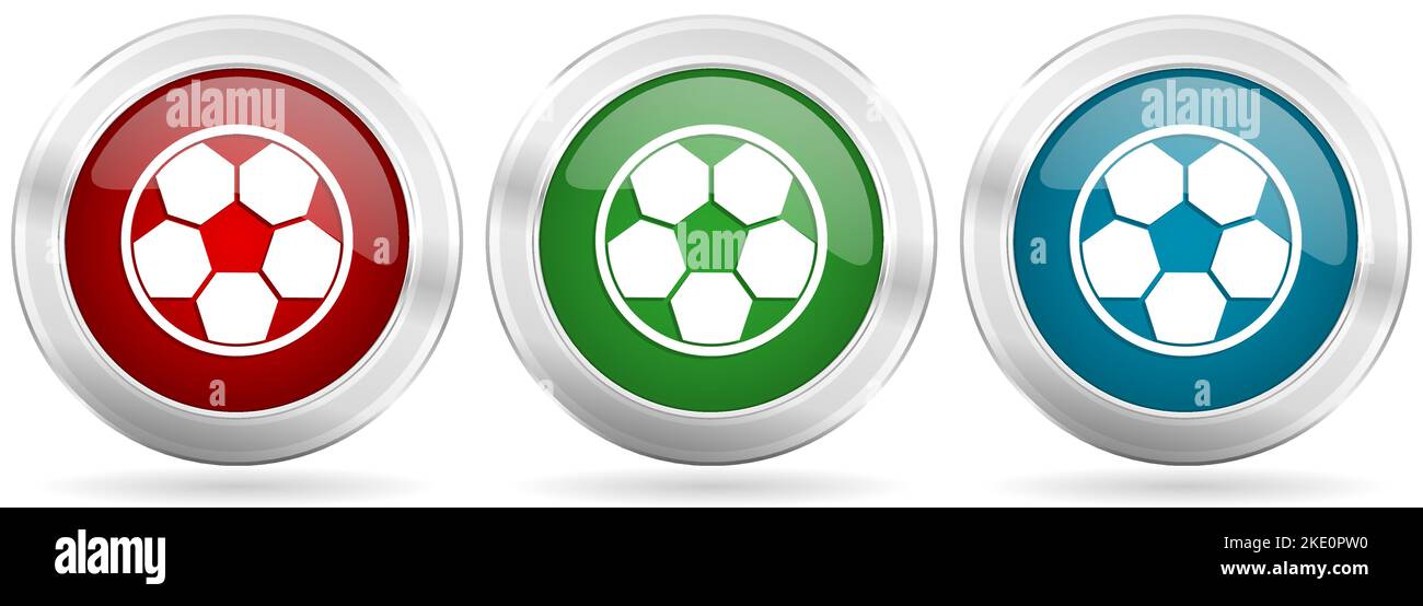 Soccer vector icon set. Red, blue and green silver metallic web buttons ...