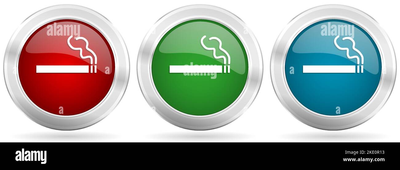 Cigarette vector icon set. Red, blue and green silver metallic web ...