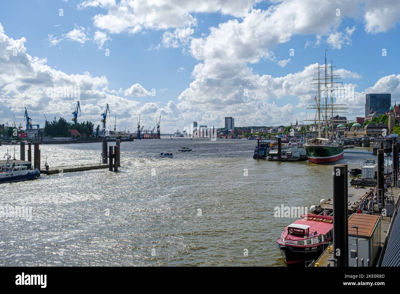 An aerial view along the Elbe river to the landing bridges Stock Photo ...