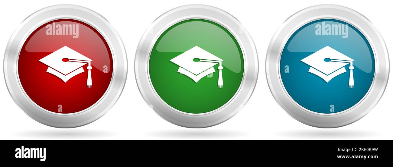 Education vector icon set. Red, blue and green silver metallic web ...