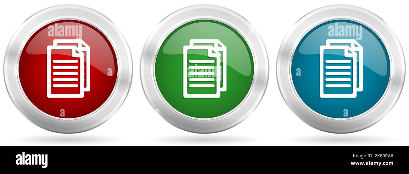 Document, file, copy vector icon set. Red, blue and green silver ...