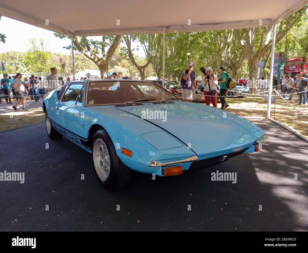 San Isidro, Argentina - Oct 7, 2022: Old sport sky blue 1979 De Tomaso ...