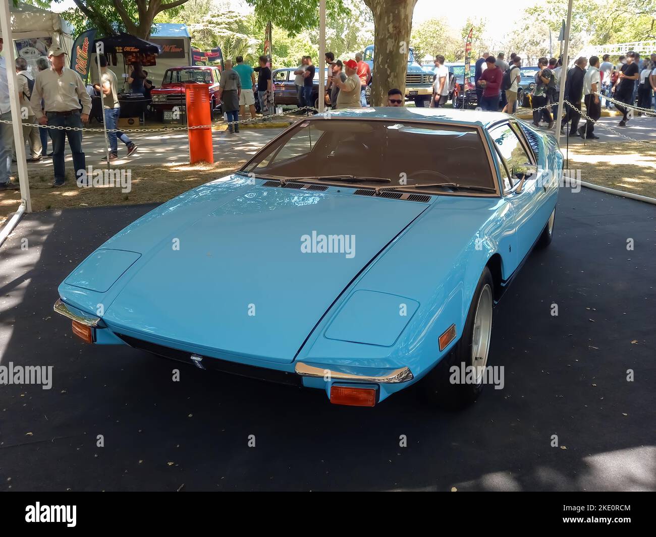 Old sport sky blue 1979 De Tomaso Pantera in a park. Nature, trees ...