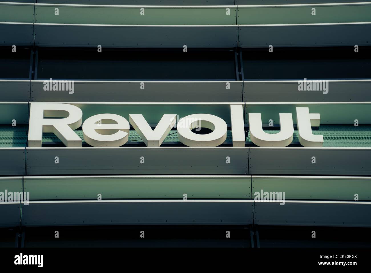 Revolut company logo signboard on modern office building in Vilnius ...