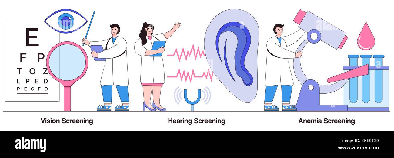 Vision, hearing and anemia screening concept with people characters ...