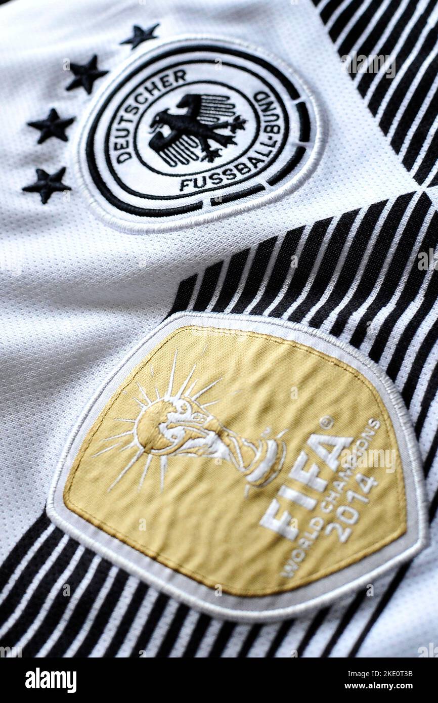 In this photo illustration. Fifa World Champions 2014 gold crest, sewn ...