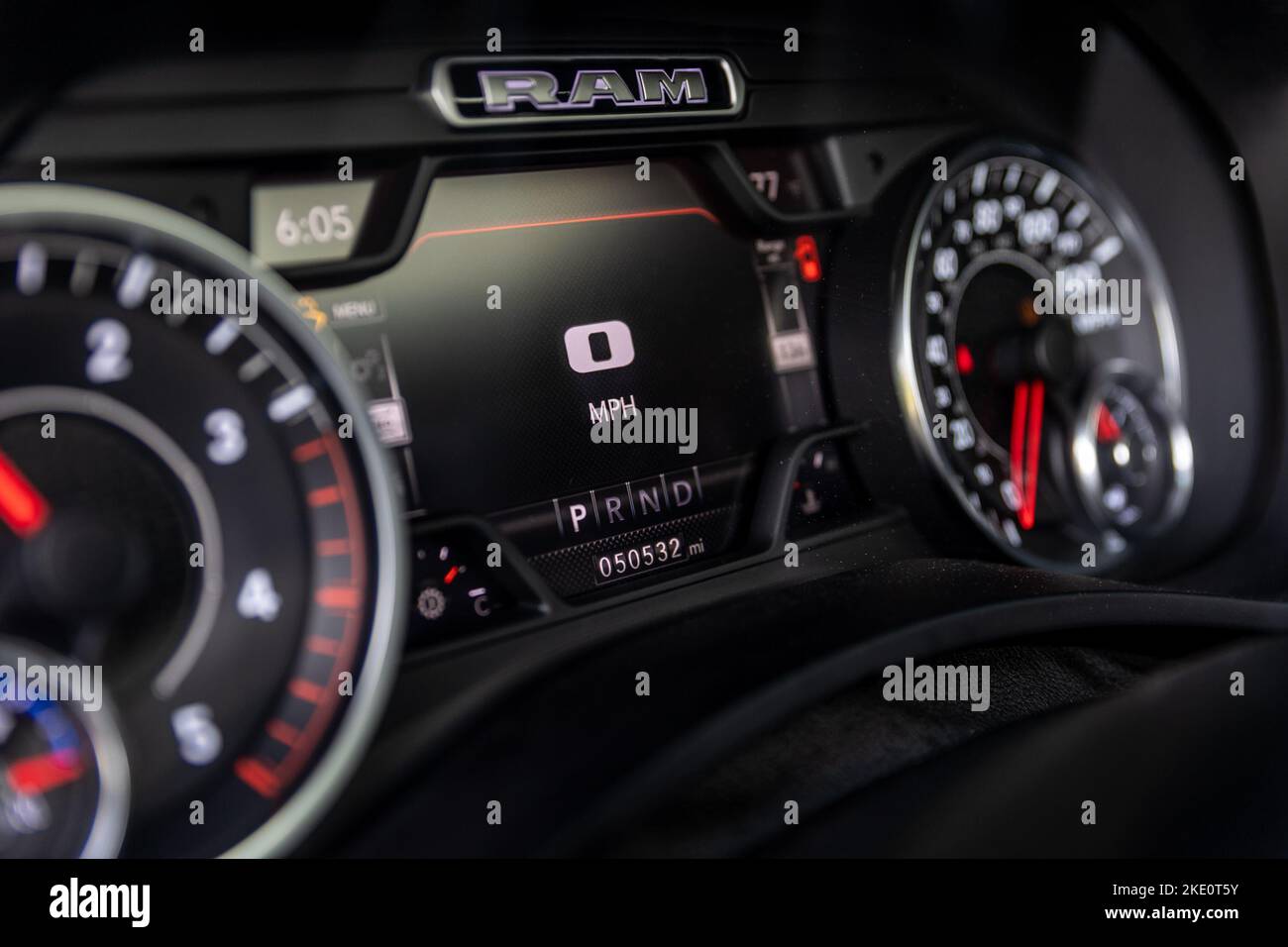 The dashboard of black 5th Generation Dodge Ram car Stock Photo - Alamy