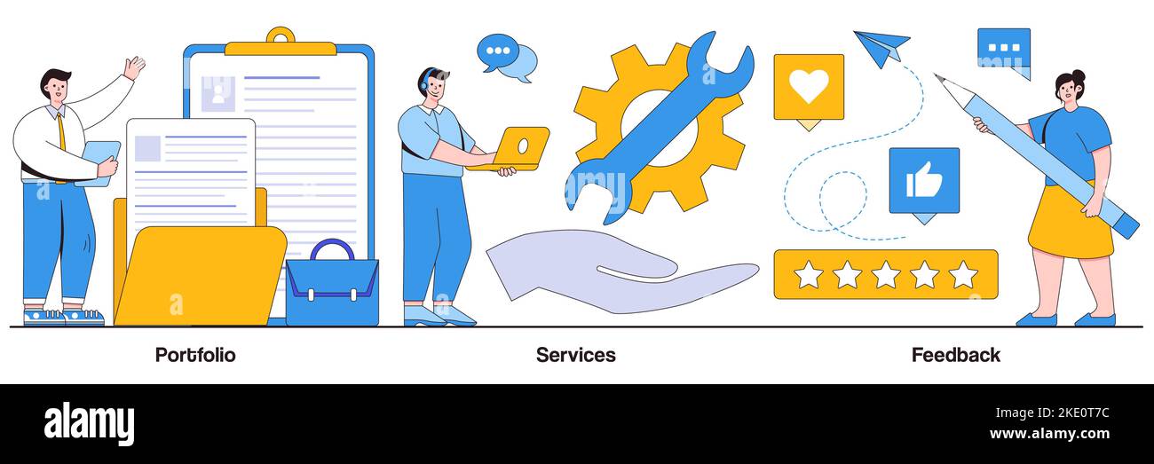 Portfolio, services, feedback concept with people characters. Corporate ...