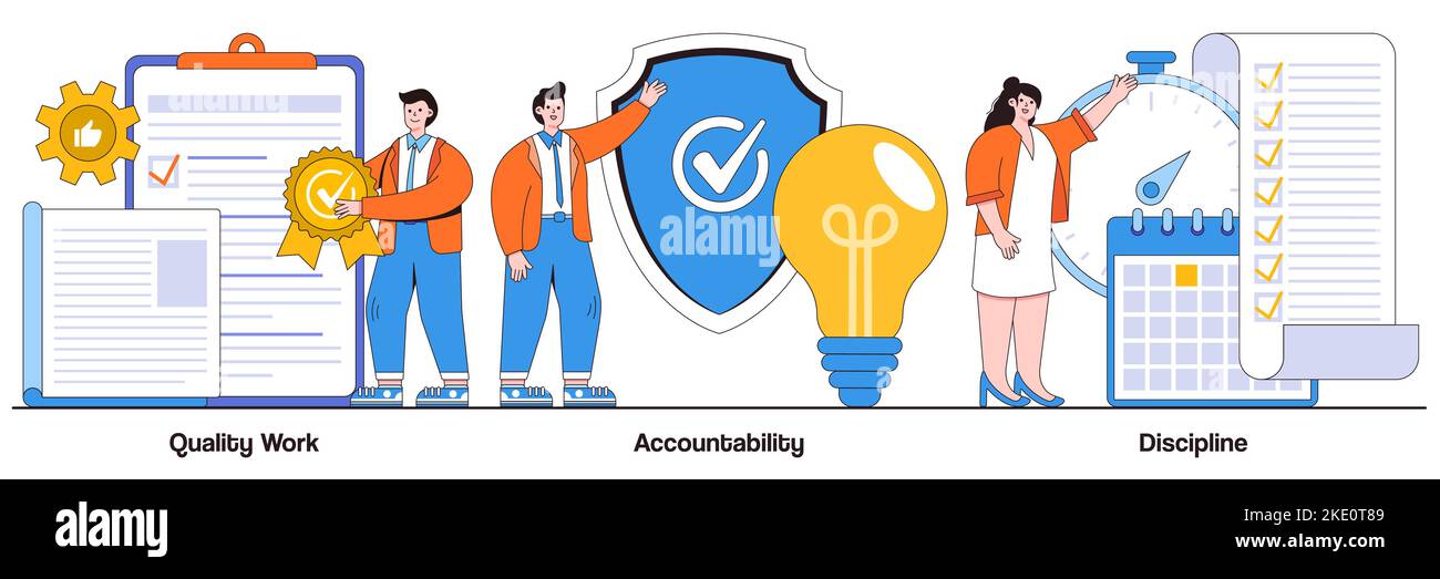 Quality work, accountability, discipline concept with people characters ...